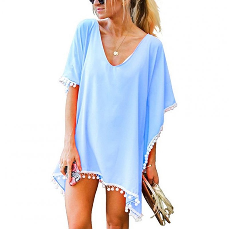 Wholesale Women Solid Color Beach Blouse Tops with White Tassel Ball ...